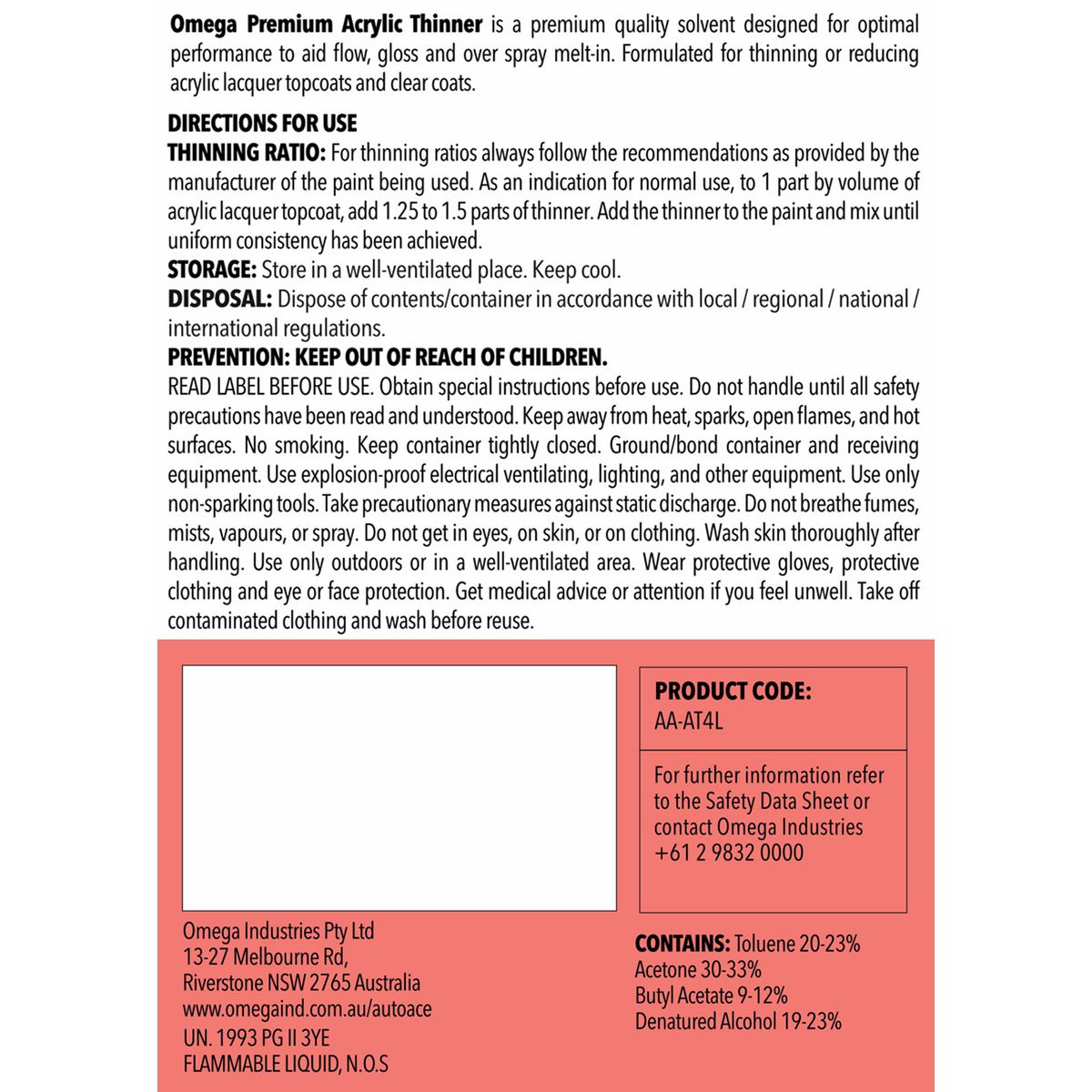 Omega Premium Acrylic Thinners 4L - AA-AT4L - Paint Thinners & Solvents ...