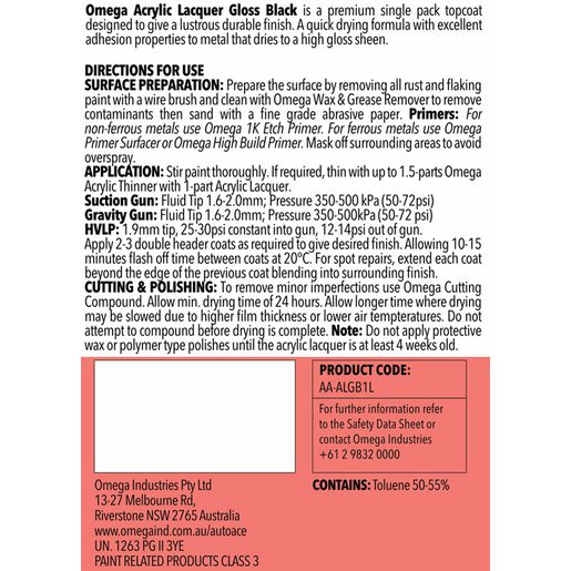 Omega Acrylic Lacquer gloss Black 1L - AA-ALGB1L - Auto Paints | Repco ...